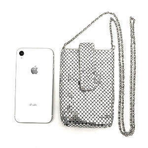 Women's Metal Mesh Small Cell Phone Pouch Bag Case Cross-Body Shoulder Strap (Silver)