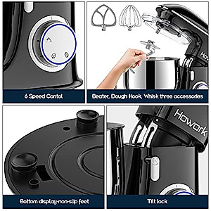 HOWORK 8.5QT Stand Mixer, 660W 6+P Speed Tilt-Head, Electric Kitchen Mixer With Dishwasher-Safe Dough Hook, Beater, Wire Whip & Pouring Shield (8.5 QT, Black)