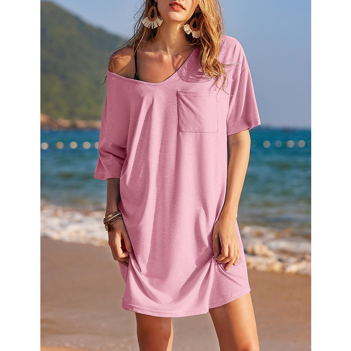 Ekouaer Womens Tshirt Nightgown Cotton V Neck Sleepshirts Comfy Casual Nightshirt for Women, Pink, X-Large