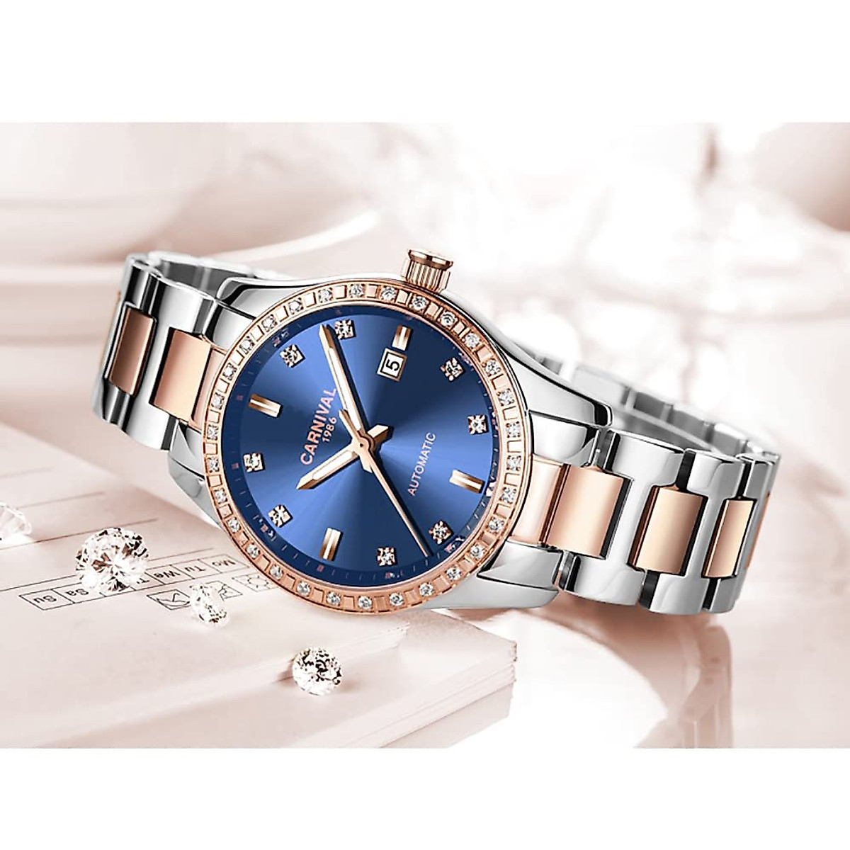 Women's Diamond Automatic Mechanical Rose Gold Stainless Steel Sapphire Waterproof Lady's Elegant Blue Watch (blue dial)