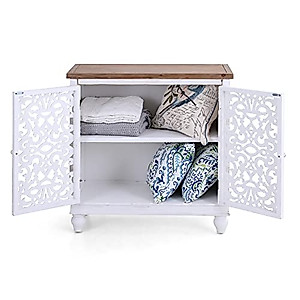 MAISON ARTS White Accent Cabinet with 2 Doors Storage Sideboard Buffet Cabinet for Living Room Kitchen Farmhouse Decorative Distressed Tall Bedroom Cabinet with Hollow Carved Doors