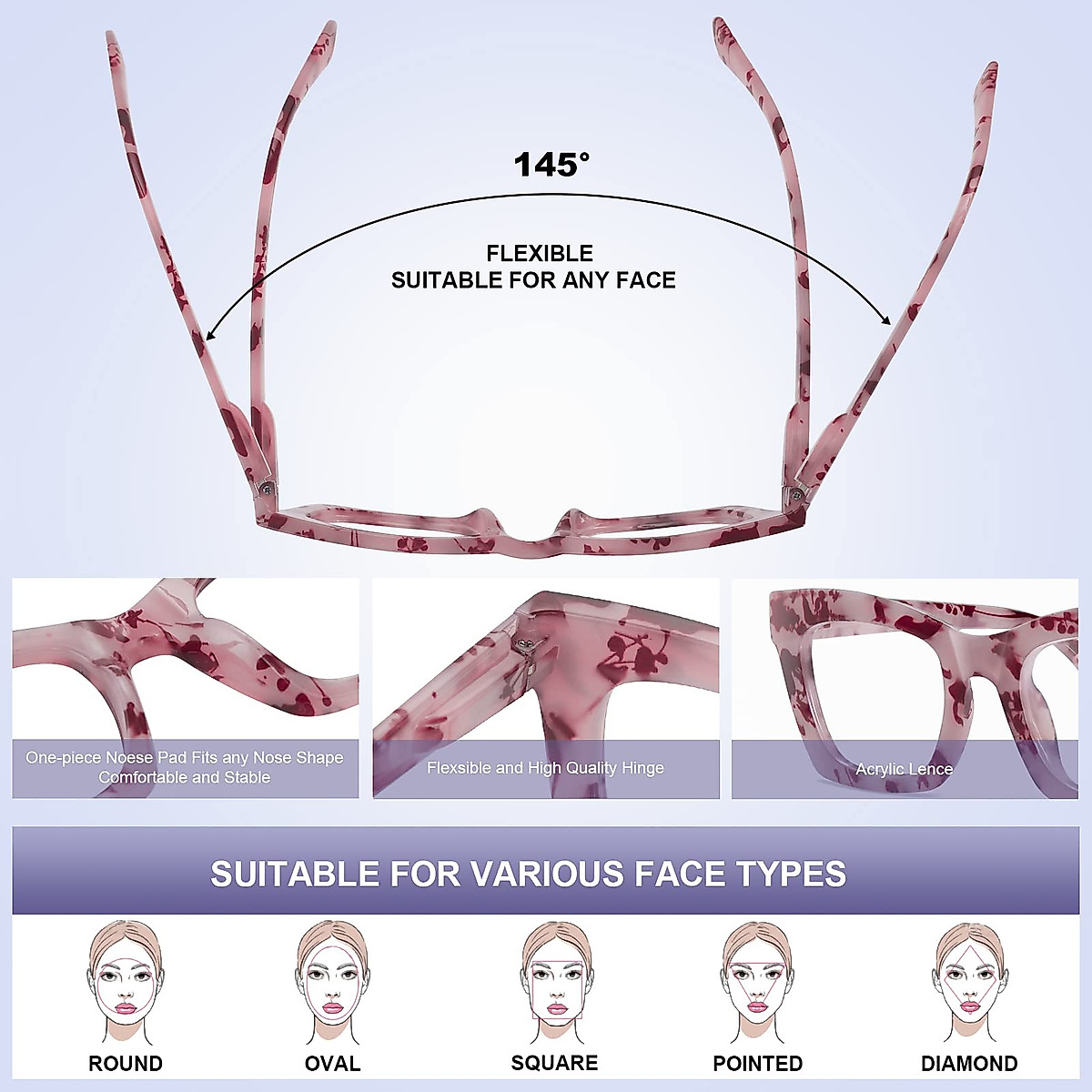 XXZQRYHN Oprah Reading Glasses for Women-5 Pack Blue Light Blocking Square Fashion Readers with Spring Hinge Computer Eyeglasses(Mix1, 1.50x)