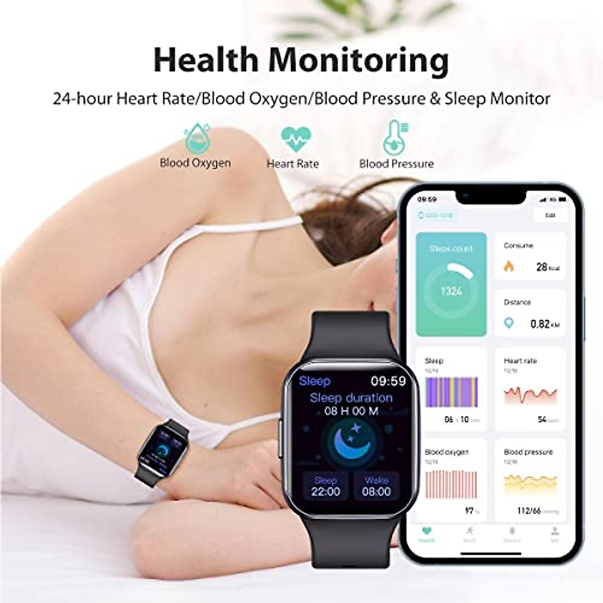 WalkerFit A1 Smart Watch, Reloj Inteligente, Fitness Tracker with Heart Rate/Blood Pressure SpO2 Monitor,1.7" Touch, IP68 Waterproof Reloj Compatible with iOS,Android smartwatch for Woman Man, Black