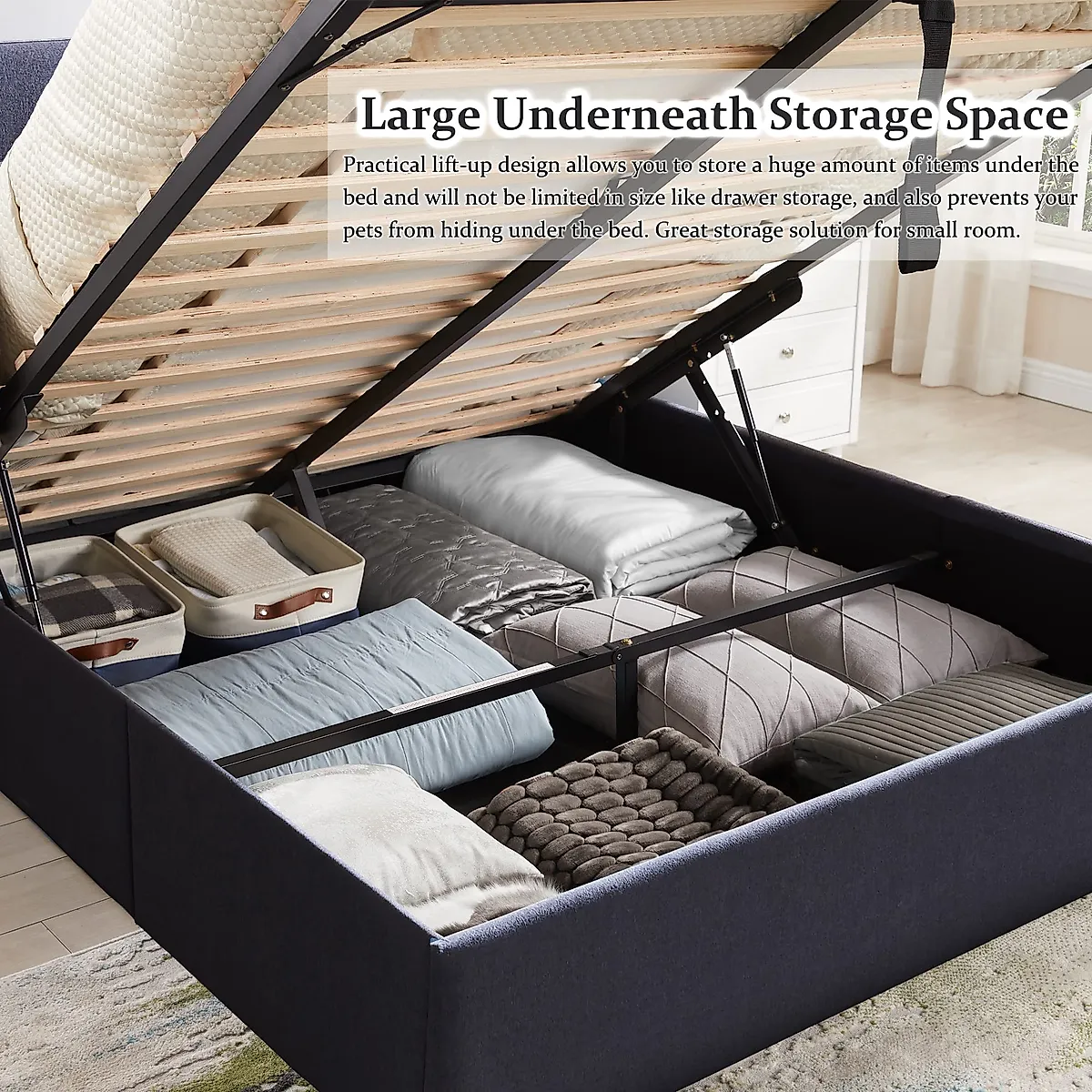 Zanmintaobo Queen Bed Frame with Storage, Upholstered Platform Bed with Lift up Hydraulic System, Linen Fabric Wingback Headboard, Wood Slats Support, Easy Assembly, No Box Spring Needed, Dark Grey