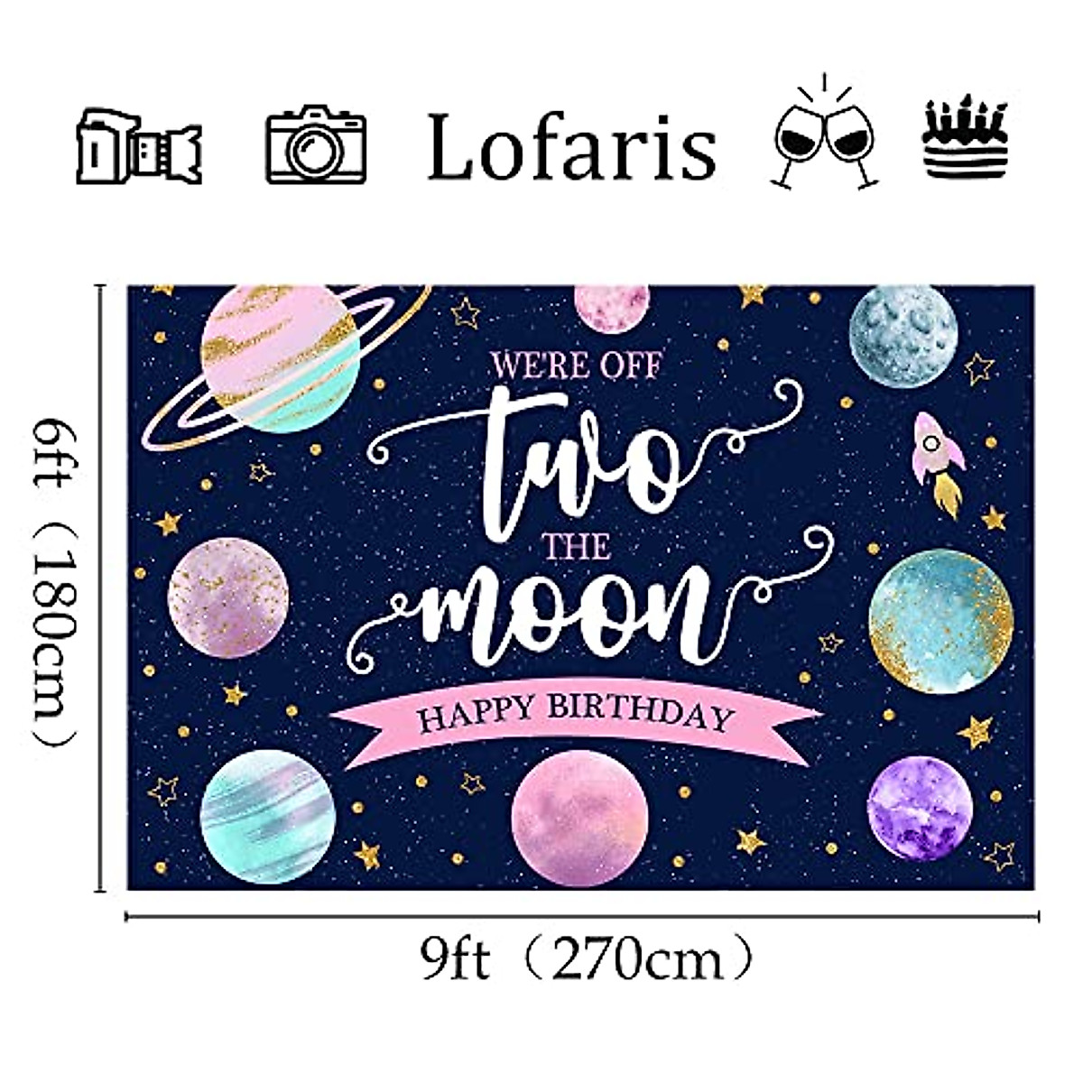 9x6ft Two The Moon 2nd Birthday Backdrop for Boy or Girl Outer Space Rocket Astronaut Theme Background Night Sky Gold Hanging Stars Planet Galaxy Photo Photography Party Decoration Supplies