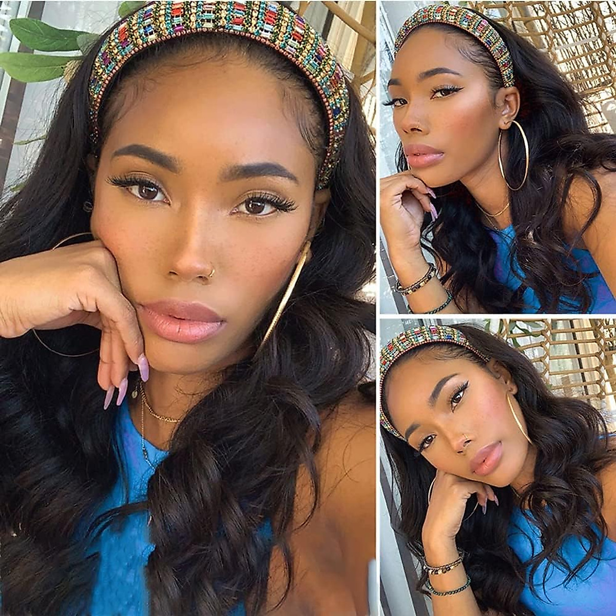 Headband Wig Human Hair Body Wave 16 Inch Glueless None Lace Front Wig Brazilian Virgin Hair Wear and Go Wigs for Black Women 150% Density Wigs Natural Black Color