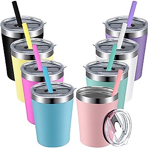 8 Pack Kids Cups with Straw and Lid Stainless Steel Insulated Tumbler with Spill Proof Lid Metal Straw Cups with Silicone Sleeve for Toddlers Children Cold Hot Drinking Glasses Cup, 8 Colors (12 Oz)
