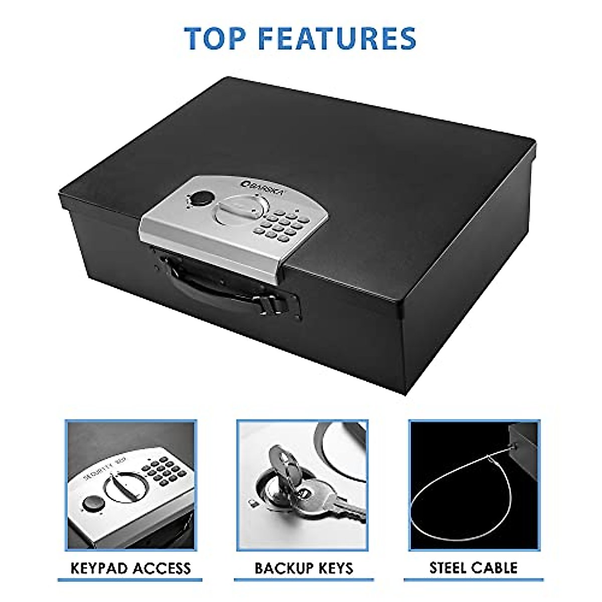 Barska Portable Digital Keypad Lock Box – Secure Travel Safe for Valuables, Steel Construction, Removable Tethering Cable, Backup Keys & Batteries Included