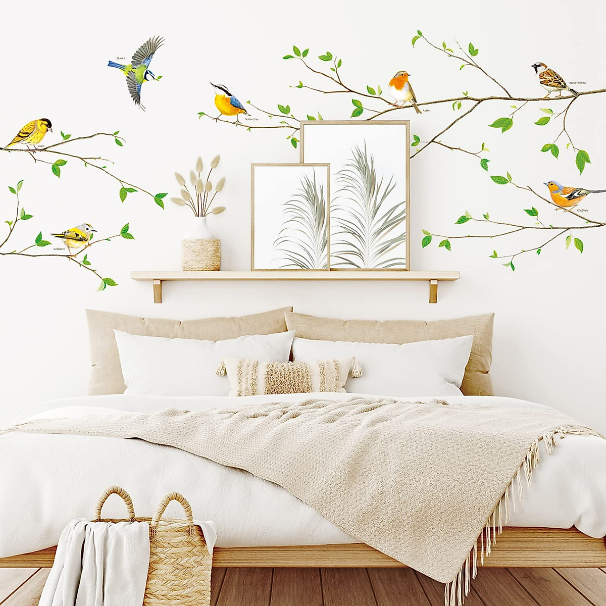 DECOWALL SG-2111 Birds on Tree Branch Wall Decals Flying Bird Green Leaves Stickers Removable for Kids Nursery Bedroom Living Background Room Home Decor Art DIY