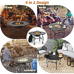 Renatone Bonfire Wood Burning Fire Pit Table, 36 Inch 4-in-1 Outdoor Dining Table, PVC Cover, Multifunctional Metal Round BBQ Garden Fire Bowl with Lid for Garden, Poolside, Backyard