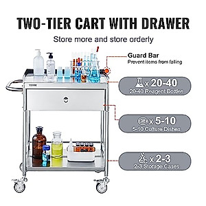 VEVOR Medical Trolley, Dual-Tier Stainless Steel Trolley with a 220 lbs Load Limit, Equipped with Quiet 360° Casters and a Drawer, Ideal for Laboratories, Clinics, Kitchens, and Salons