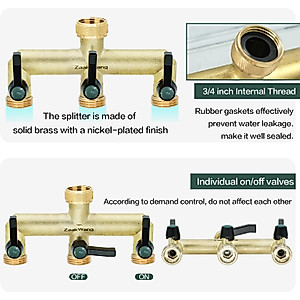 ZaakWang Brass Garden Hose Splitter, 3/4" 3 Way Tap Splitter,Hose Tap Splitter Connection with 3 Individual On/Off Valve and Extended Handle, Hose Pipe Tap Splitter for Garden Outdoor Home