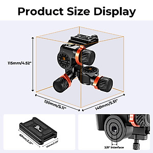 K&F Concept 3-Way Geared Tripod Head, Millimeter Micro-Adjustment, Full CNC Aluminum Alloy Tripod Head, Maximum Load Capacity of 6kg for Star Shooting, Commercial Photography, etc.