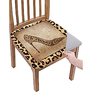Animal Skin Texture Seat Covers for Dining Room Chairs Set of 6, Square Removable Washable Chair Protector, Anti-Wrinkle Seat Cushion Slipcovers for Kitchen Leopard Print High Heels
