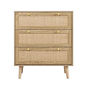 Anmytek Modern Rattan Wood Chest of 3 Drawer Dresser with Spacious Storage for Bedroom Living Room H0027, Rustic Oak