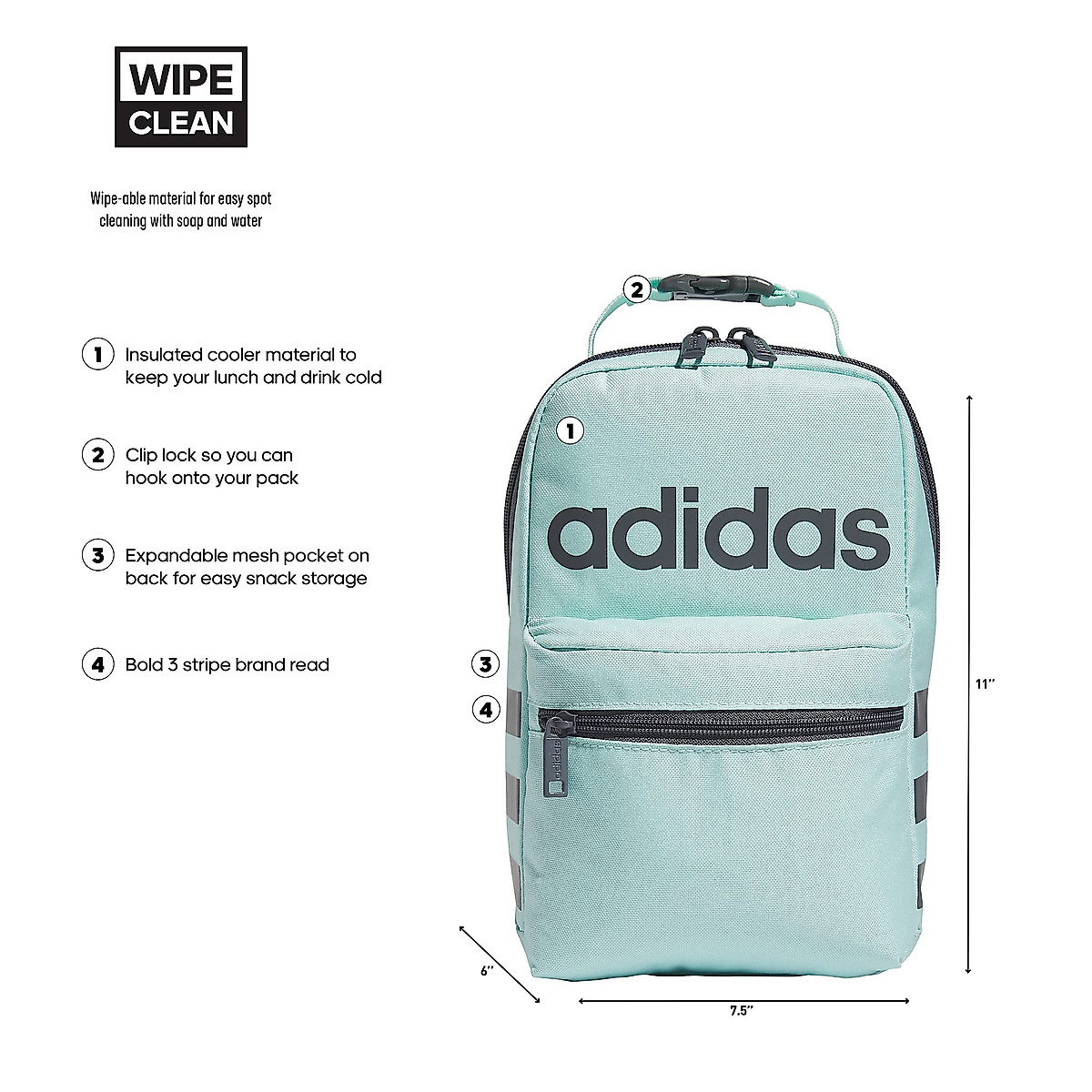 adidas Santiago 2 Insulated Lunch Bag, Semi Flash Aqua Blue/Onix Grey, One Size