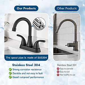 Cinwiny Bathroom Sink Faucet 4 Inch 2 Handle Bathroom Faucet 360° Swivel Spout Deck Mounted Vanity Faucet with Water Supply Hoses,Matte Black,with Pop up Drain