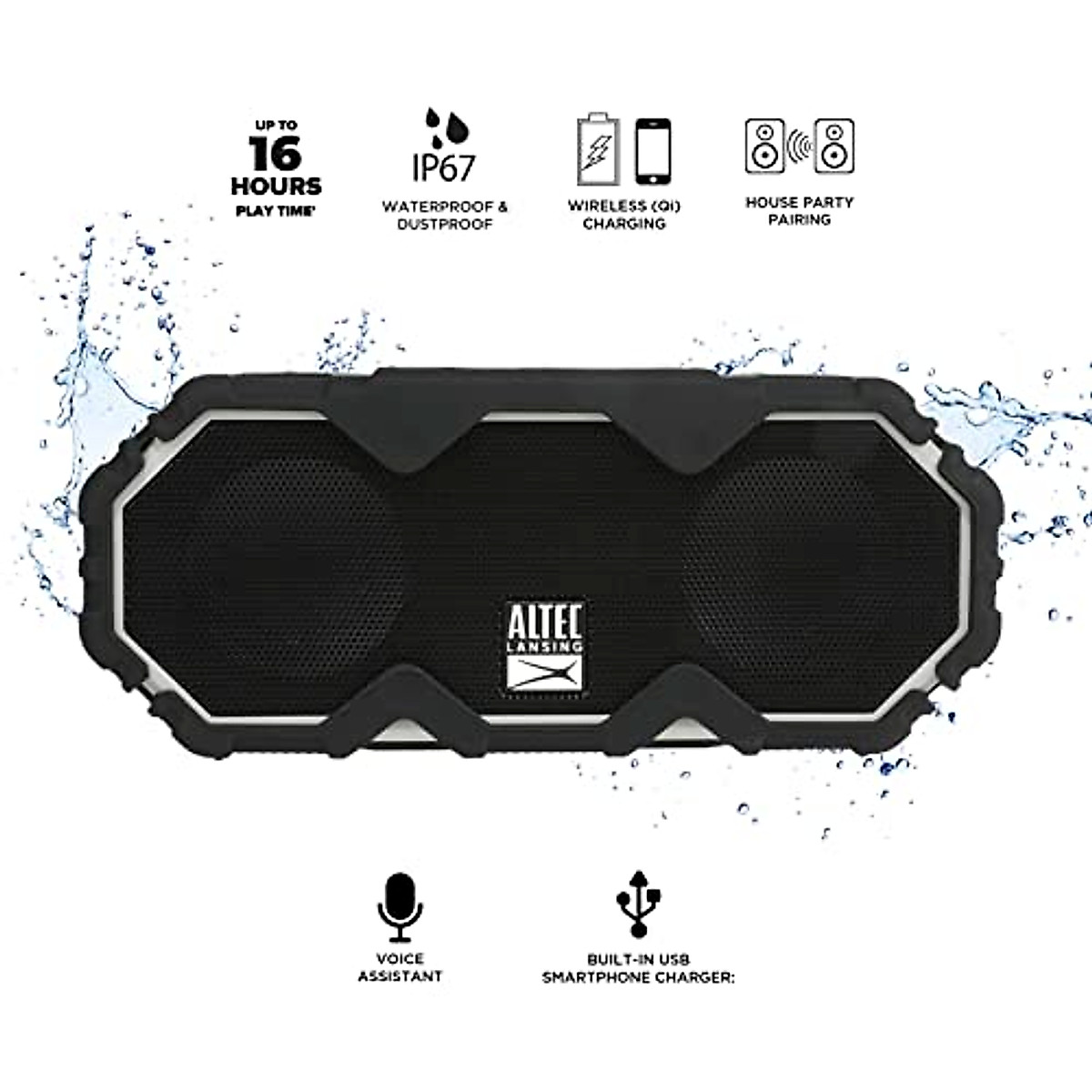 Altec Lansing Mini LifeJacket Jolt Bluetooth Speaker with Qi, Wireless, Waterproof, Portable, Speakers, Loud Volume, Strong Bass, Rich Stereo System, Microphone, 16 Hour Battery, 100 ft Range, Gray