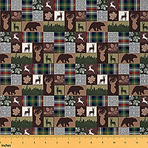 Erosebridal Rustic Farmhouse Decorative Fabric, Xmas Moose Lodge Fabric by The Yard, Patchwork Grizzly Bears Fabric, Buffalo Plaid Check Vintage Wooden Hunting Animal Upholstery Fabric, 2 Yards