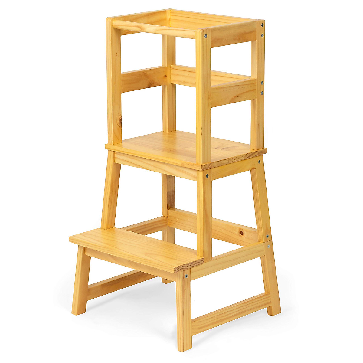 Play Platoon Toddler Kitchen Stool - Light Wood Wooden Step Stool Tower for Kids Counter Learning, Standing Tower for Kitchen Counter, 3 Heights Adjustable Solid Wood, Safe Non-Slip Mat