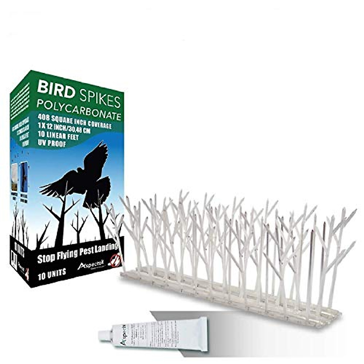 Aspectek Plastic Polycarbonate Bird Spikes Kit with Adhesive Glue, Covers 10 Feet