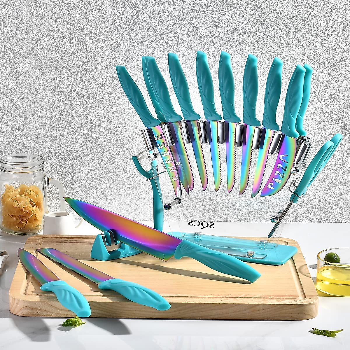 Rainbow Titanium Knife Set 17 PCS Kitchen Knives Set Sharp Cutlery Knife Sets Contain 6 Steak Knives Sharpener Clear Acrylic Stand Nonstick Chef Knife Block Set (Turquoise)