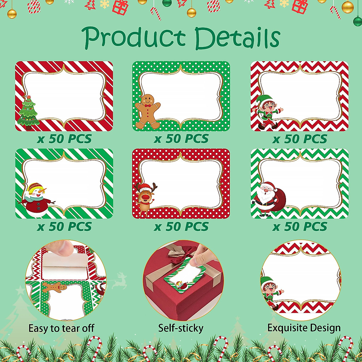 Wonmon 300PCS Christmas Gift Tags Stickers, Self Adhesive Christmas Name Tags Gift Present Tags Label Sticker for Organizing Jar Christmas Holiday Decoration School Supplies, 1.96x2.75 Inch