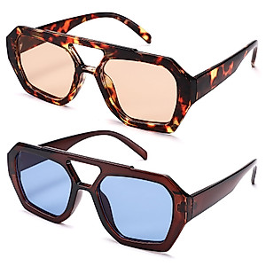 Hycredi Retro Aviator Sunglasses for Women Men, Trendy Hexagonal Thick Frame Shades Square Double Bridge Sun Glasses - Brown/Blue + Leopard/Light Brown