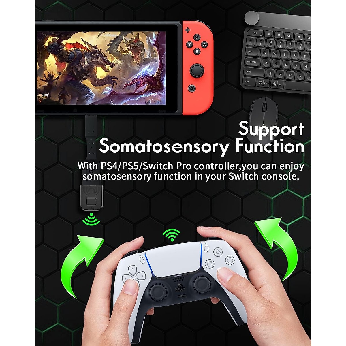 AOLION Bluetooth Adapter for PS4/PS5/Switch, Wireless Controller Adapter, Compatible with PS4, PS5, Switch, Windows PC, Android TV Box, Steam