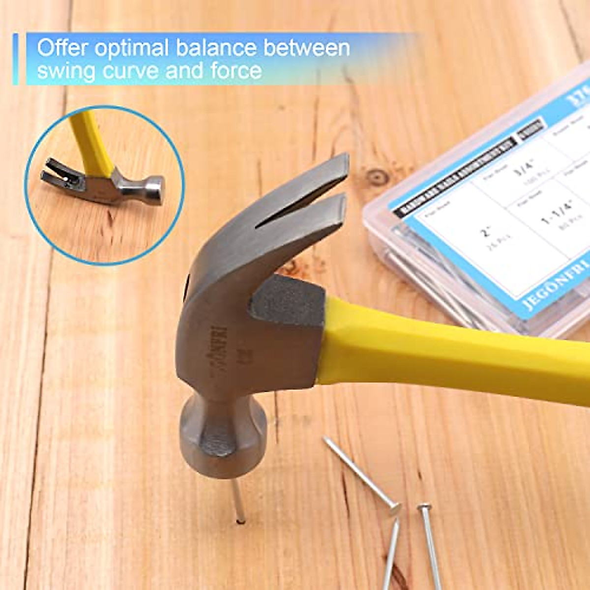 376pcs Hardware Nails Assortment kit with 2" Nails & 8oz Claw Hammer, Nails for Hanging Pictures, Picture Hanging Nails, Finishing nails, Wall nails, Small nails, Wood nails and Hammer