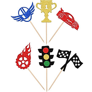 24 PCS Race Car Cupcake Toppers Glitter Traffic Light Wheel Trophy Flag Helmet Racing Car Cupcake Picks for Let's Go Racing Sports Theme Baby Shower Boys Birthday Party Cake Decorations Supplies