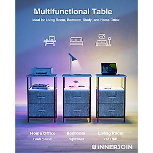 Innerjoin Nightstand with Charging Station USB A&C Ports, LED Nightstand with 2 Drawers & Storage Shelf, Bed Stand Side End Table for Bedroom Living Room Dorm, White