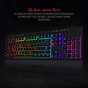 Redragon K512 Shiva RGB Backlit Membrane Gaming Keyboard with Multimedia Keys, Quiet Mechanical Feeling Keyboard, 6 Extra On-Board Macro Keys, Dedicated Media Control, Detachable Wrist Rest