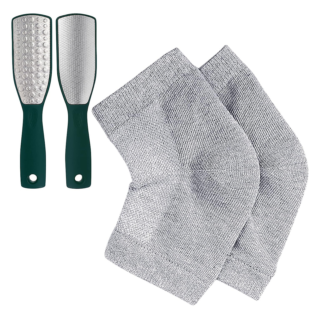 Foot File and Spa Socks Set, Foot Care Pedicure Stainless Steel File, Gel Lined Toeless Spa Socks, Moisturizing Heel Socks (Green+Grey)
