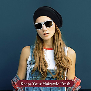 SATINIOR 6 Pieces Satin Lined Sleep Slouchy Cap, Hair Cap for Sleeping, Girl Headwear for Frizzy Curly Hair Women (Black, Red, Light Gray, Blue, Yellow, Pink)