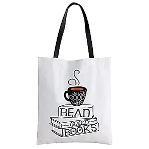 XIKAINUO Drink Good Coffee Read Good Books Cotton Canvas Tote Bag with Interior Pocket, Travel Shopping Shoulder Bag Birthday Christmas Gifts for Readers, Coffee Lovers, Bookworm, Teens