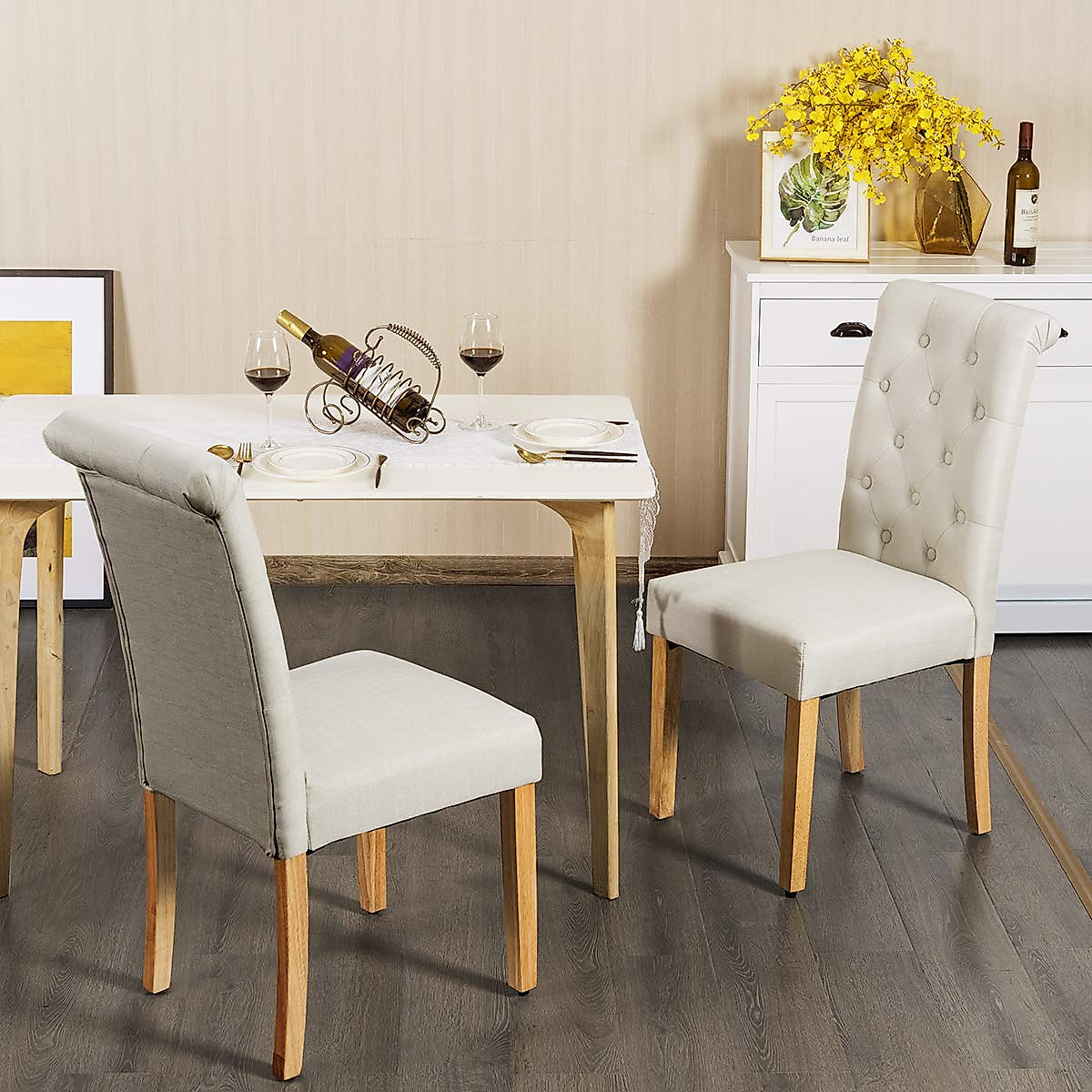 Giantex Upholstered Accent Dining Chairs Set of 4, Dining Side Chairs w/Adjustable Anti-Slip Foot Pads, High Back, Sturdy Wood Legs, High Back Tufted Parsons Chair for Kitchen Dining Room (4, Beige)