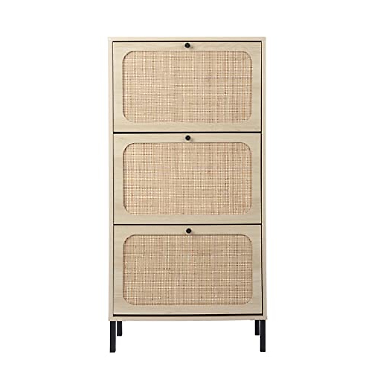 Yoluckea Rattan Shoe Cabinet, Shoe Cabinet Rack with Natural Rattan Weave Doors Design and 3 Flip Down Drawers, Narrow Shoe Cabinet with Metal Legs, Freestanding Wood Shoe Organizer (Light Brown2)