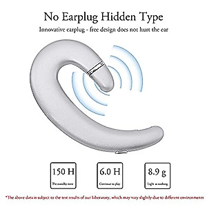 Sunffice Ear Hook BT Wireless Headphone,Non Ear Plug Headset with Microphone,Single Ear Noise Cancelling Earphones Painless Wearing for Android Smartphones,iPhone14 13 12 11 X 8(Silver)