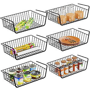 Under Shelf Basket, Veckle 6 Pack Pantry Organization and Storage Durable Shelf Organizer Under Cabinet Pantry Laundry Room, Hanging Sliding Metal Baskets Add Extra Space Easy to Install, Black