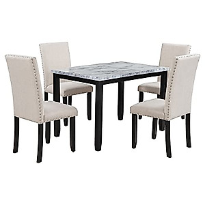 Bellemave Dinner Table Set for 4 5 Piece Dining Table Set Faux Marble Modern Kitchen Table and Chairs Dining Room Sets for 4 Rectangular Table with Chairs Dinette Set for 4, White/Beige+Black