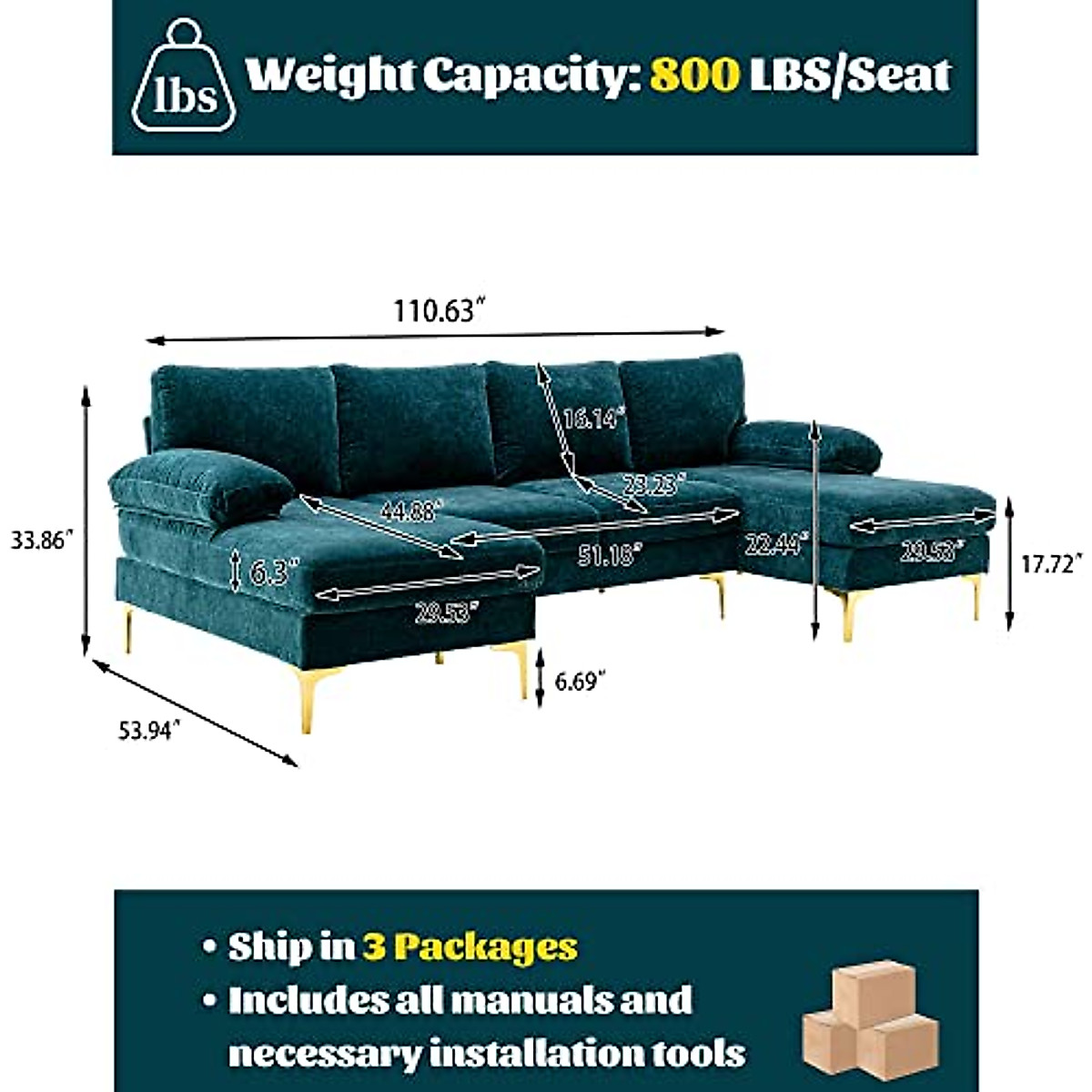 Olela U Shape Sectional Sofa,Modern Large Chenille Fabric Modular Couch,Extra Wide Sofa with Chaise Lounge and Golden Legs for Living Room (Teal)