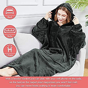 Hilarocky Blanket Hoodie Oversized Fleece Wearable Blanket Flannel Sweatshirt Blankets with Large Double Front Pocket, Quarter-Zippers Ultra Cozy Plush Blanket for Dark Grey