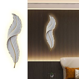 Qufute Feather Wall Light Modern LED Dimmable Wall Sconce Lighting with White Elegant Feather Design 3000k-6000k Vintage LED Wall Lamp Deco for Bedroom Living Room Hallway,Three -Color Light
