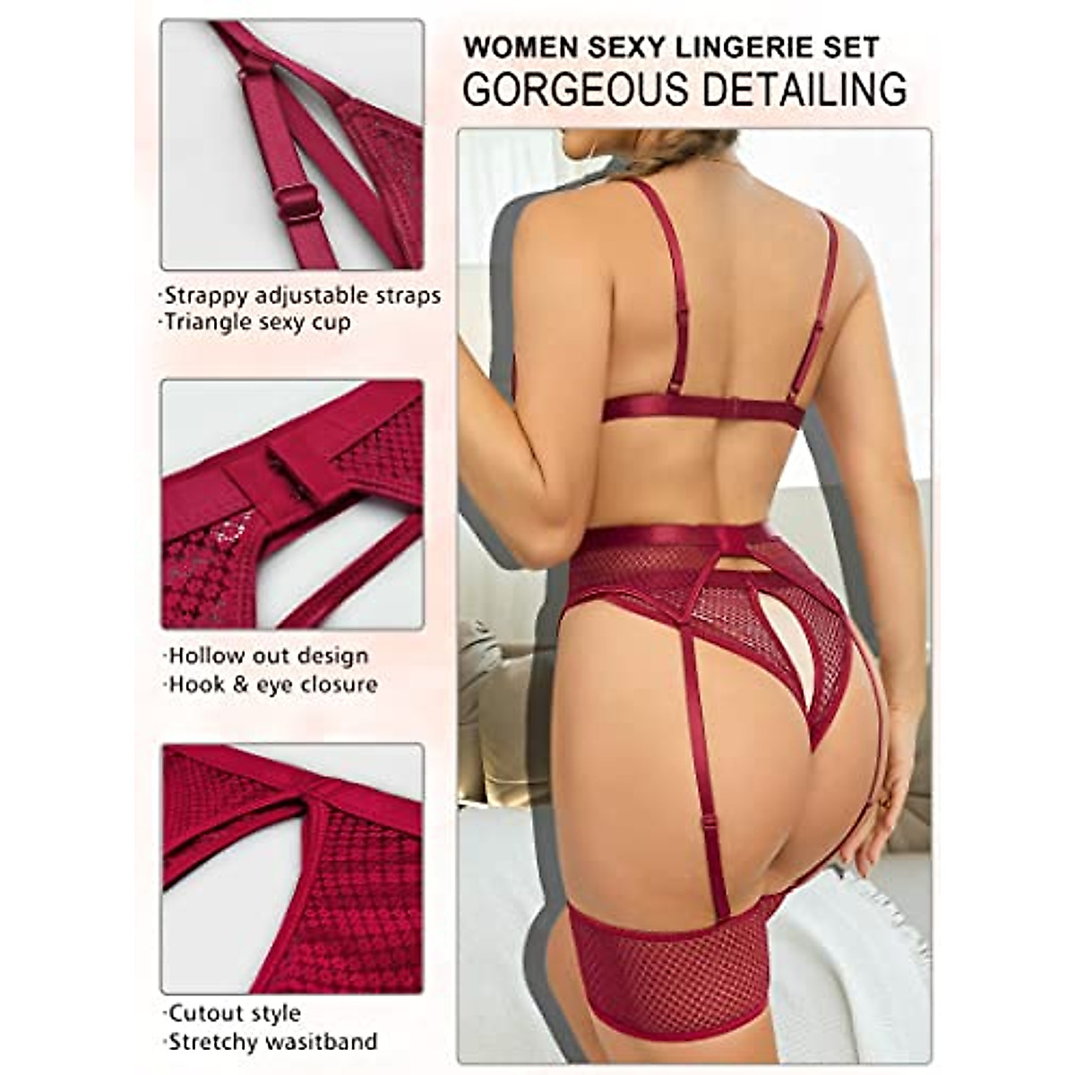 popiv 4 Piece Garter Lingerie for Women, Sexy Cutout Lingerie, Mesh Matching Lingerie Set Burgundy