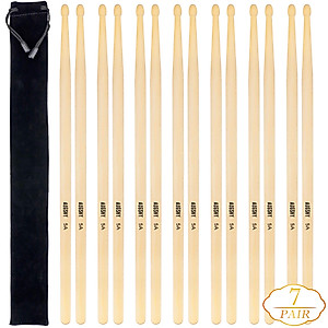 14 Packs 7pairs 5A Natural Drum Sticks,Wood Tip Drumsticks with Waterproof Bag(Maple)
