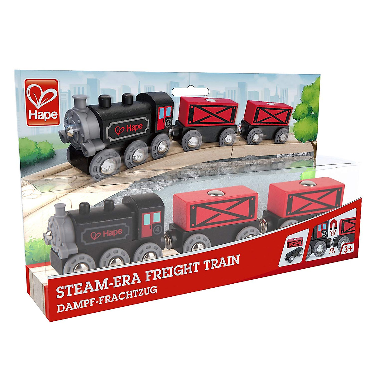 Hape Steam-Era Freight Train | Classic Black & Red Children’s Locomotive Toy with Unloadable Freight Wagons
