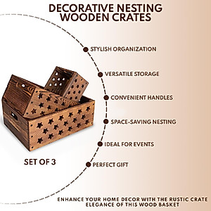 AONEHOME Set of 3 Decorative Nesting Wooden Crates with Handles, Wood Crates for Organizing Home and Kitchen, storage crates, Crates for Decoration, Wooden Crate (Rustic, Rustic Brown)
