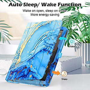 ZoneFoker Case for All New Kindle Fire HD 10 Tablet & Fire HD 10 Plus (11th/13th Generation, 2021/2023 Released), 360 Degree Rotating Stand Cover with Auto Sleep/Wake & Pencil Holder, Marble Blue