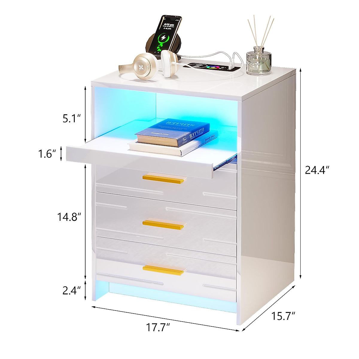 HNEBC RGB LED Nightstand with Wireless Charging Station, Smart Night Stand with 3 Drawers and Sliding Tray, Modern Bedside Table for Bedroom Furniture, High Gloss End Sofa Tables (White)
